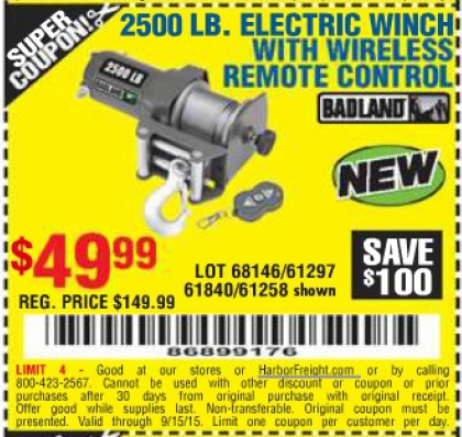 Harbor Freight Coupon 2500 LB Electric Winch With Wireless Remote ...