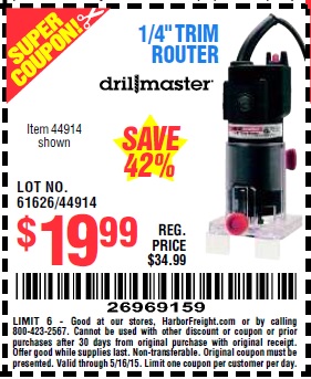 Harbor Freight Coupon 1/4" TRIM ROUTER Lot No. 61626/44914 Valid Thru ...